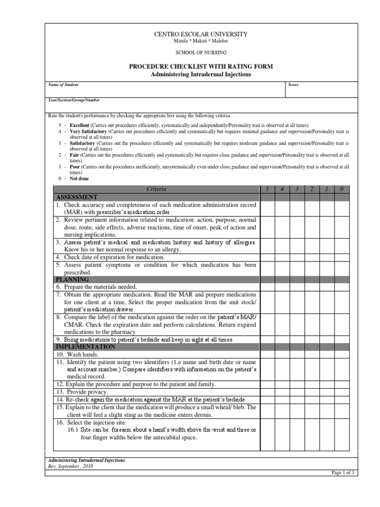 Procedure Checklist With Rating Form Administering Intradermal ...