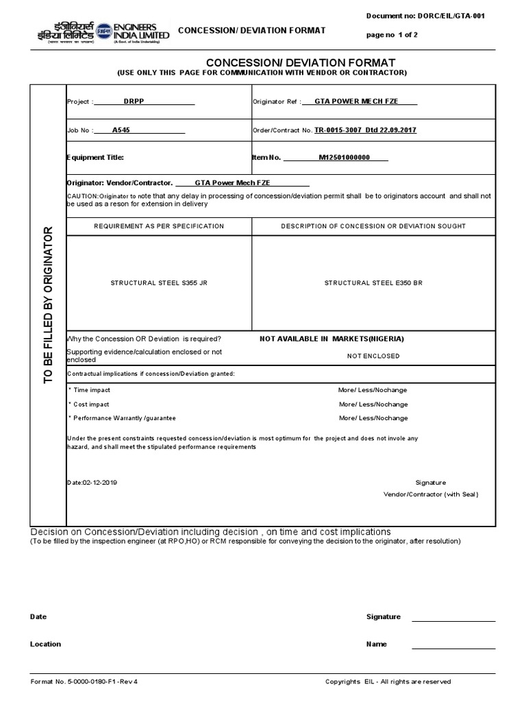 Concession/ Deviation Format | PDF | Business