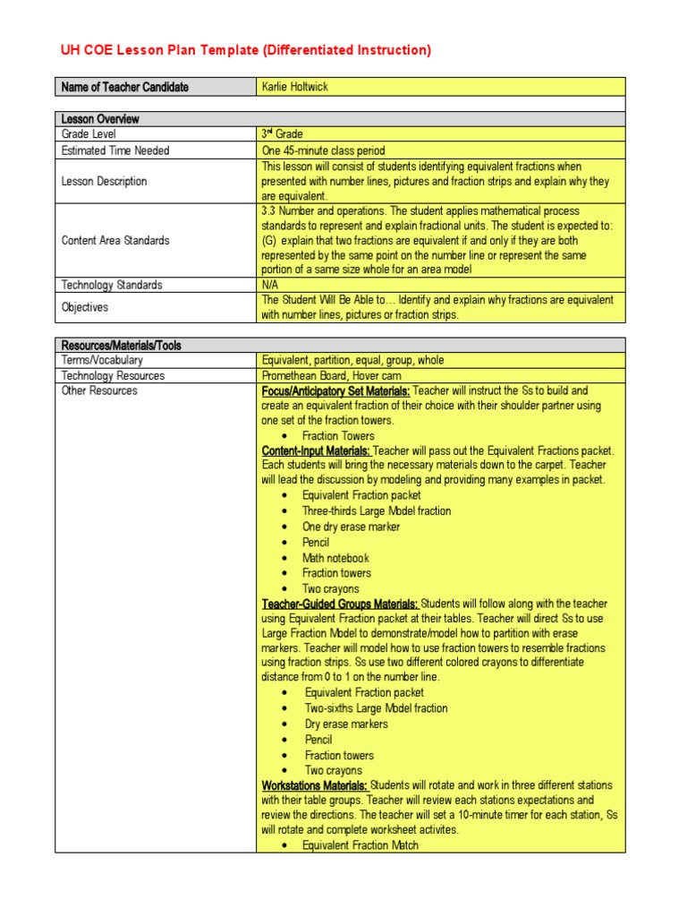 Equivalent Fractions Lesson Plan 2 | PDF | Differentiated Instruction ...