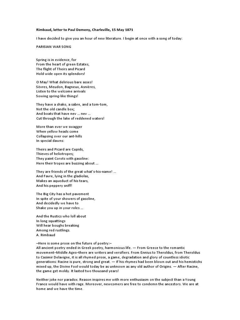 Rimbaud - Letter May 15 1871 PDF | PDF | Poetry