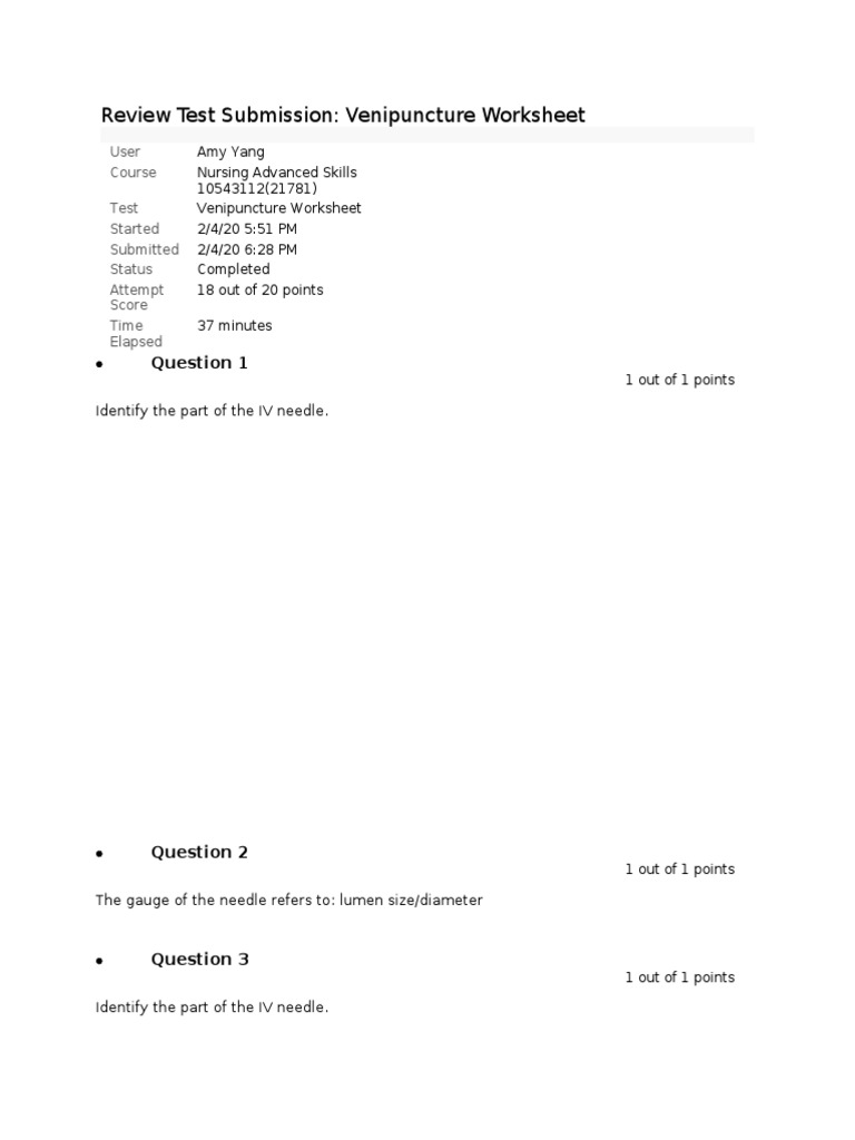 Venipuncture Worksheet | PDF | Intravenous Therapy | Medicine