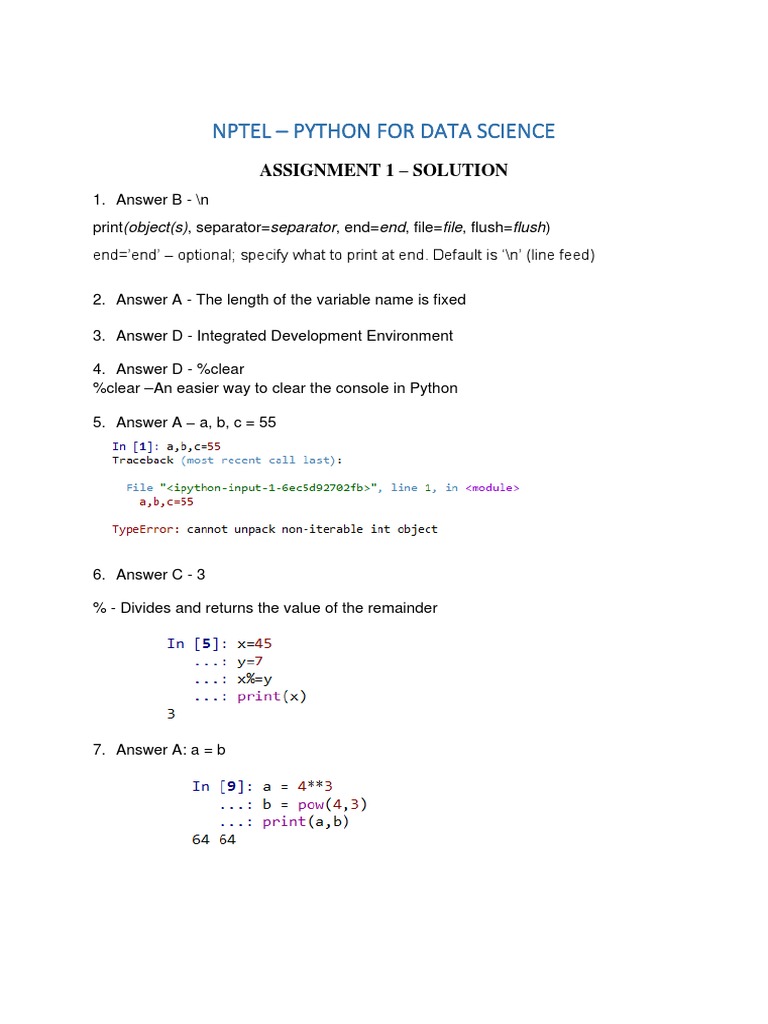 Nptel - Python For Data Science: Assignment 1 - Solution | PDF