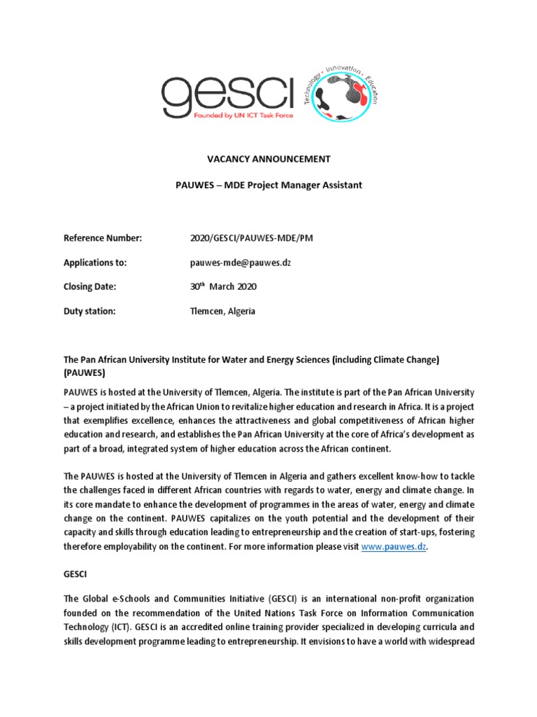 Vacancy Announcement PAUWES - MDE Project Manager Assistant | PDF ...