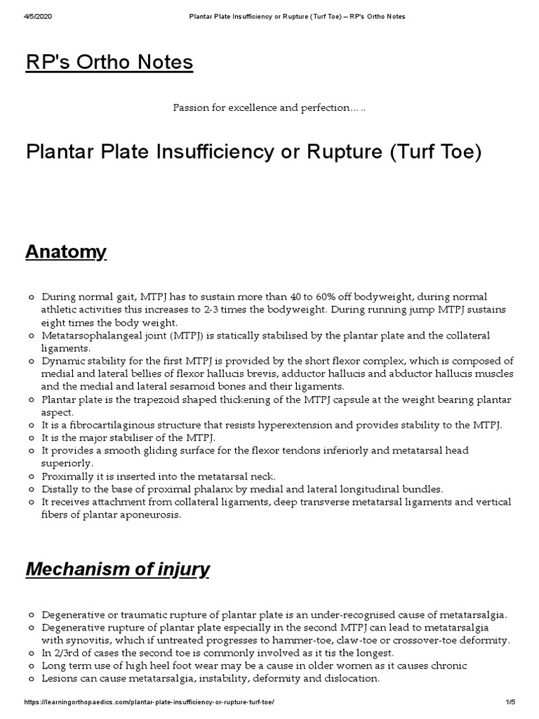 Plantar Plate Insufficiency or Rupture (Turf Toe) - RP's Ortho Notes ...