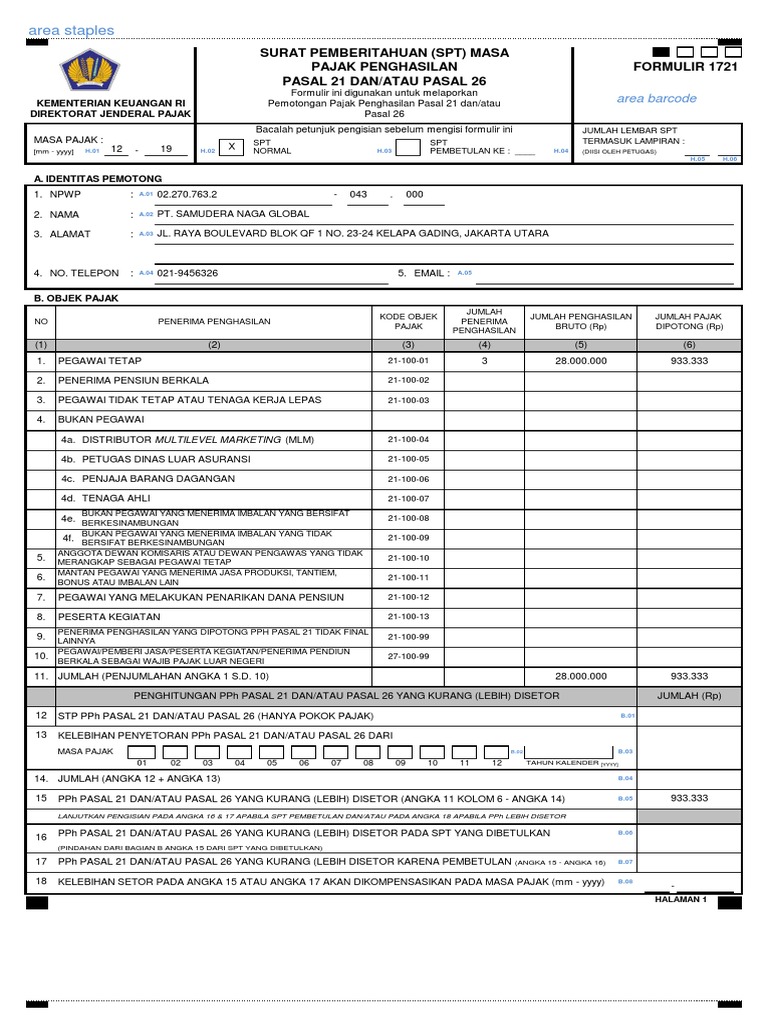 SPT Masa PPH Pasal 21-26 (1721 Induk) PDF | PDF