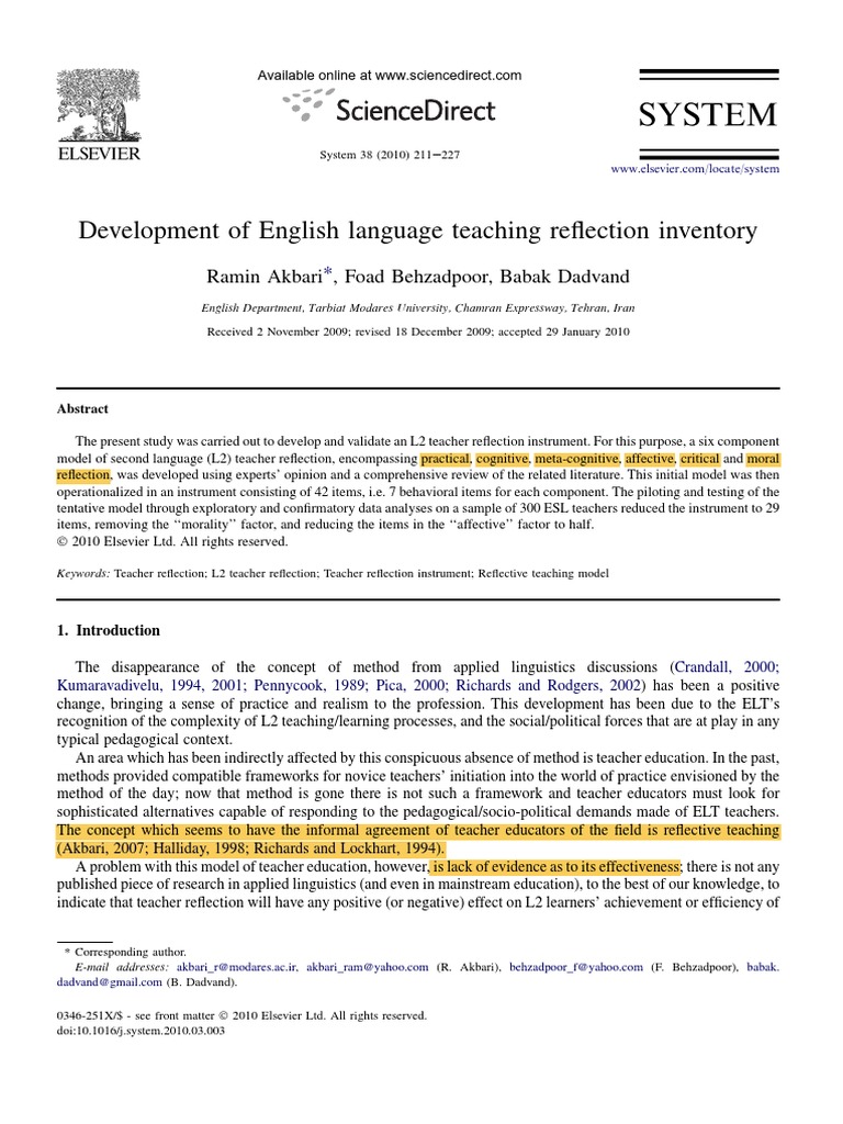 English Language Teacher Reflection Inventory | PDF | Data Analysis ...