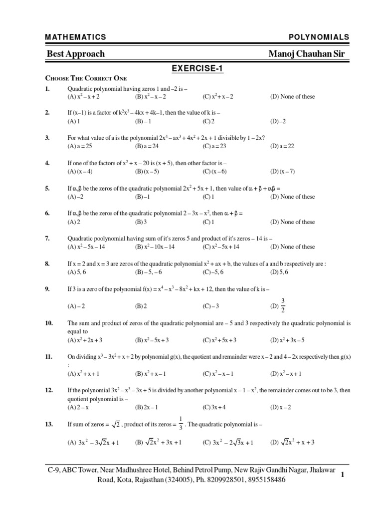 Best Approach Manoj Chauhan Sir: Mathematics Polynomials | PDF | Zero ...