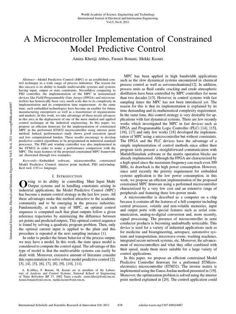 A Microcontroller Implementation Of Constrained Model Predictive Control Pdf Mathematical