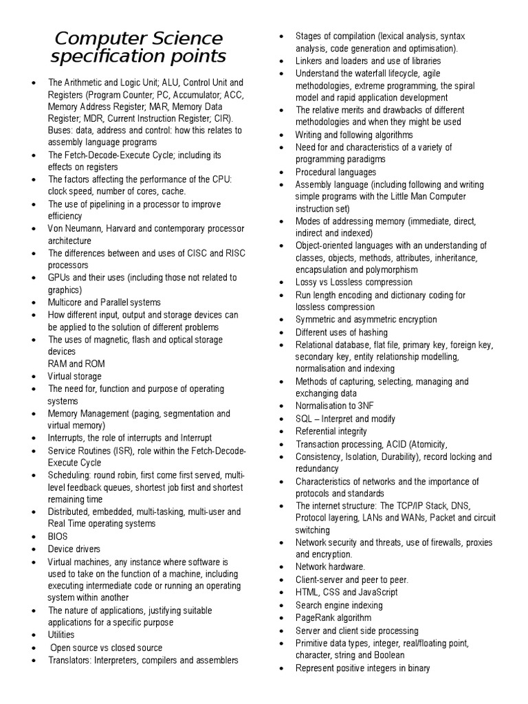 Computer Science Spec Points Pdf Central Processing Unit Computer Data Storage 