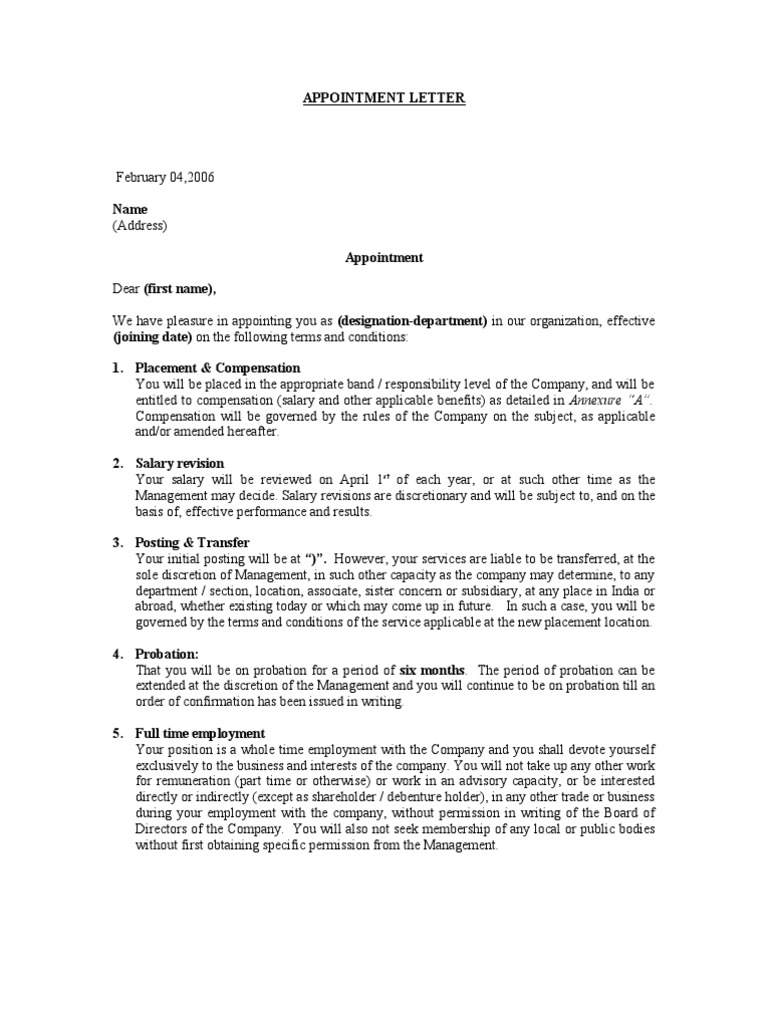 Employment Appointment Letter Template | PDF | Board Of Directors ...