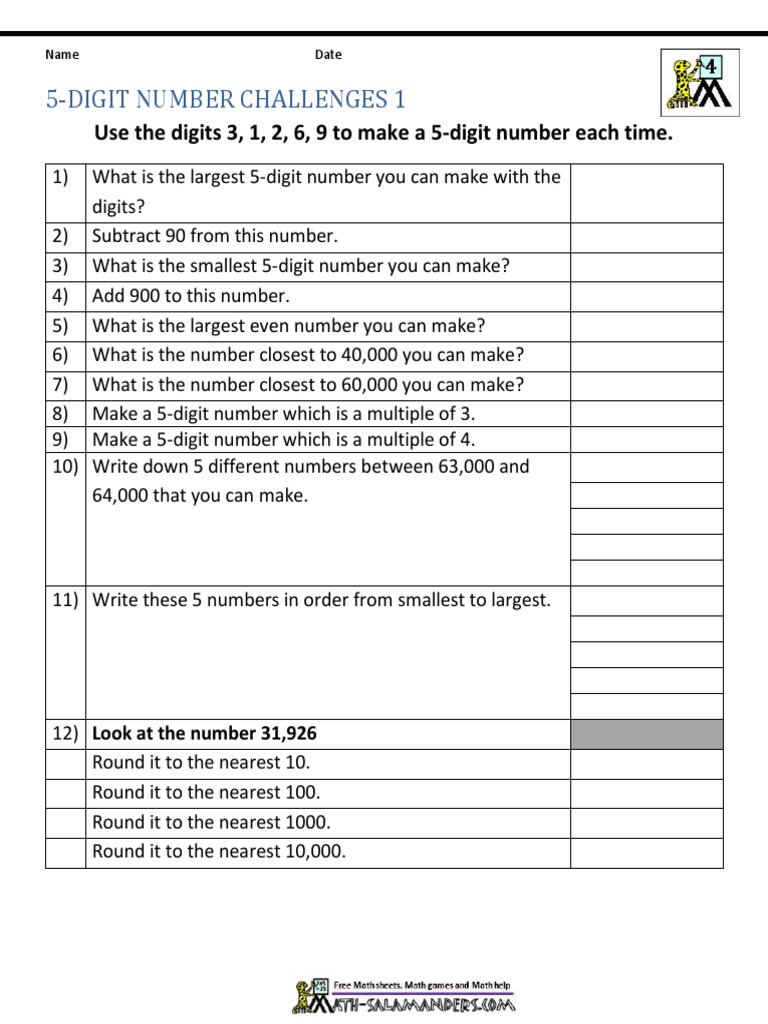 5-Digit Number Challenges Worksheet | PDF | Numbers | Number Theory
