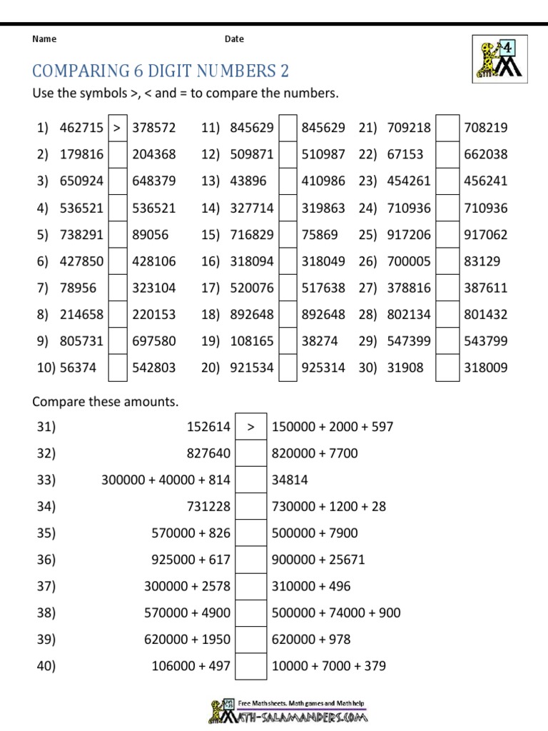 Comparing 6 Digit Numbers 2 | PDF