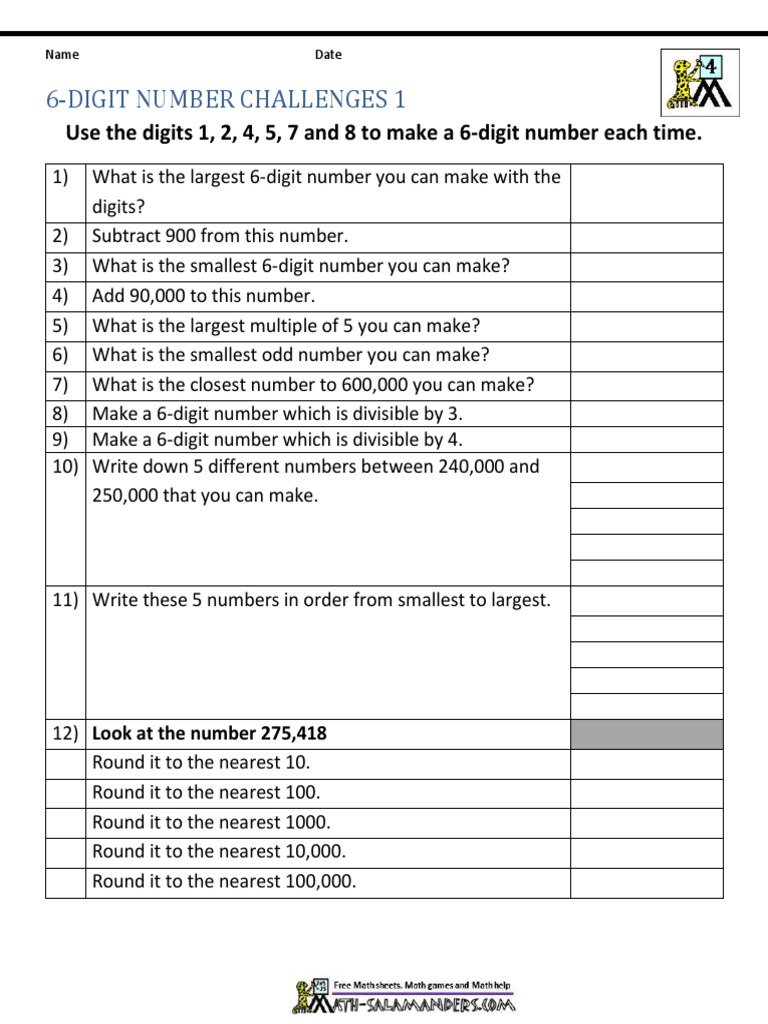 6-Digit Number Challenges 1: Use The Digits 1, 2, 4, 5, 7 and 8 To Make ...