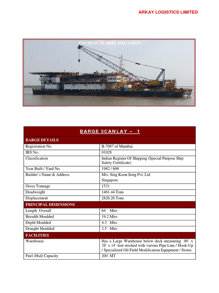 Technical Specifications of the Barge Scan Lay - 1 Detailing Its ...