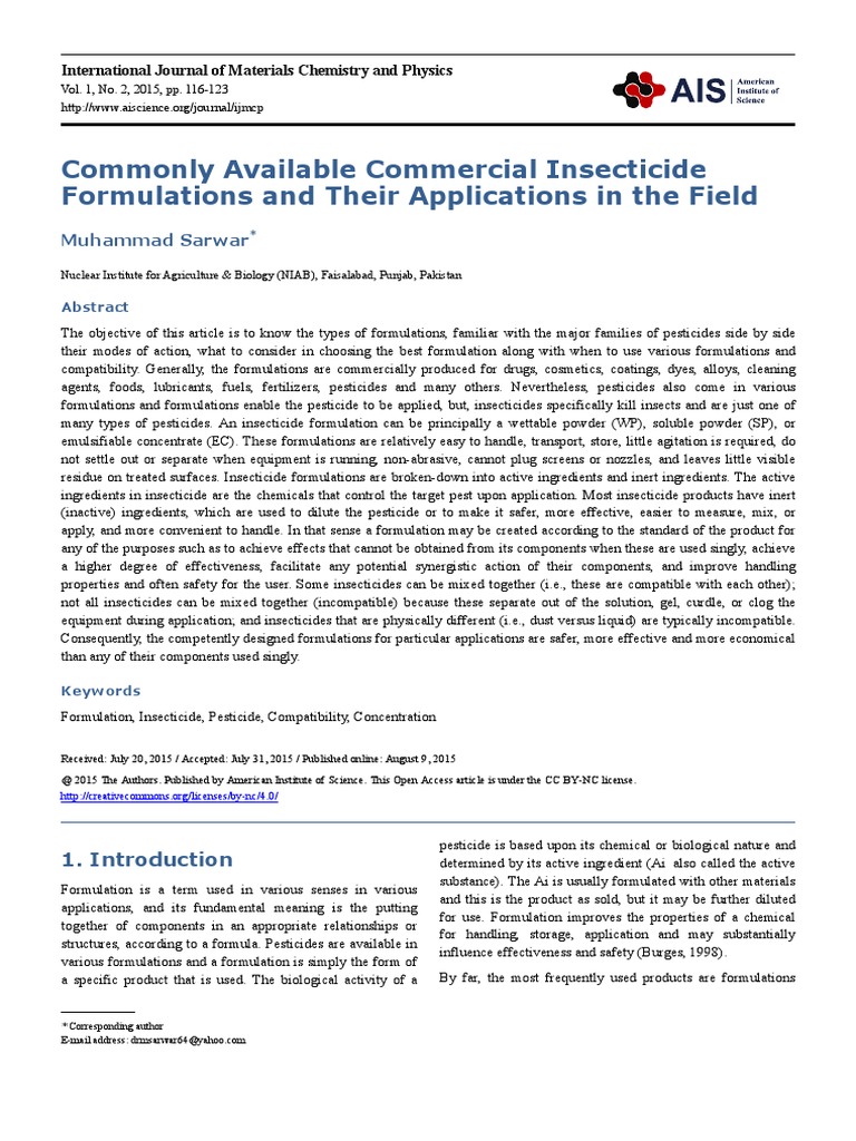 Commonly Available Commercial Insecticide Formulations and Their ...
