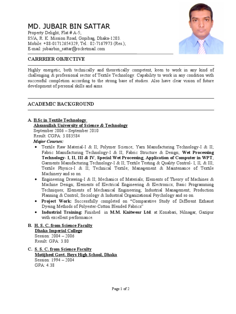 Jubair's CV | Textiles | Engineering