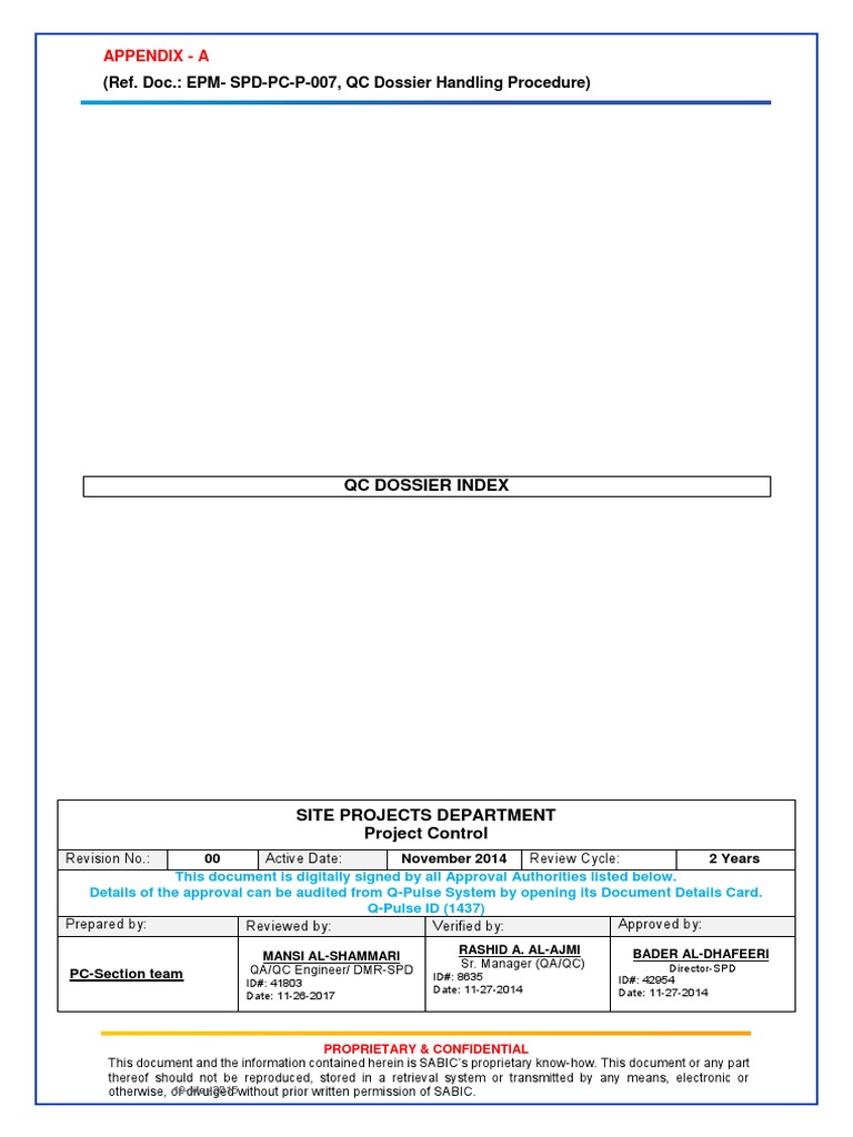 Appendix-A EPM-SPD-PC-P-007 QC Dossier Index PDF | PDF | Nondestructive ...