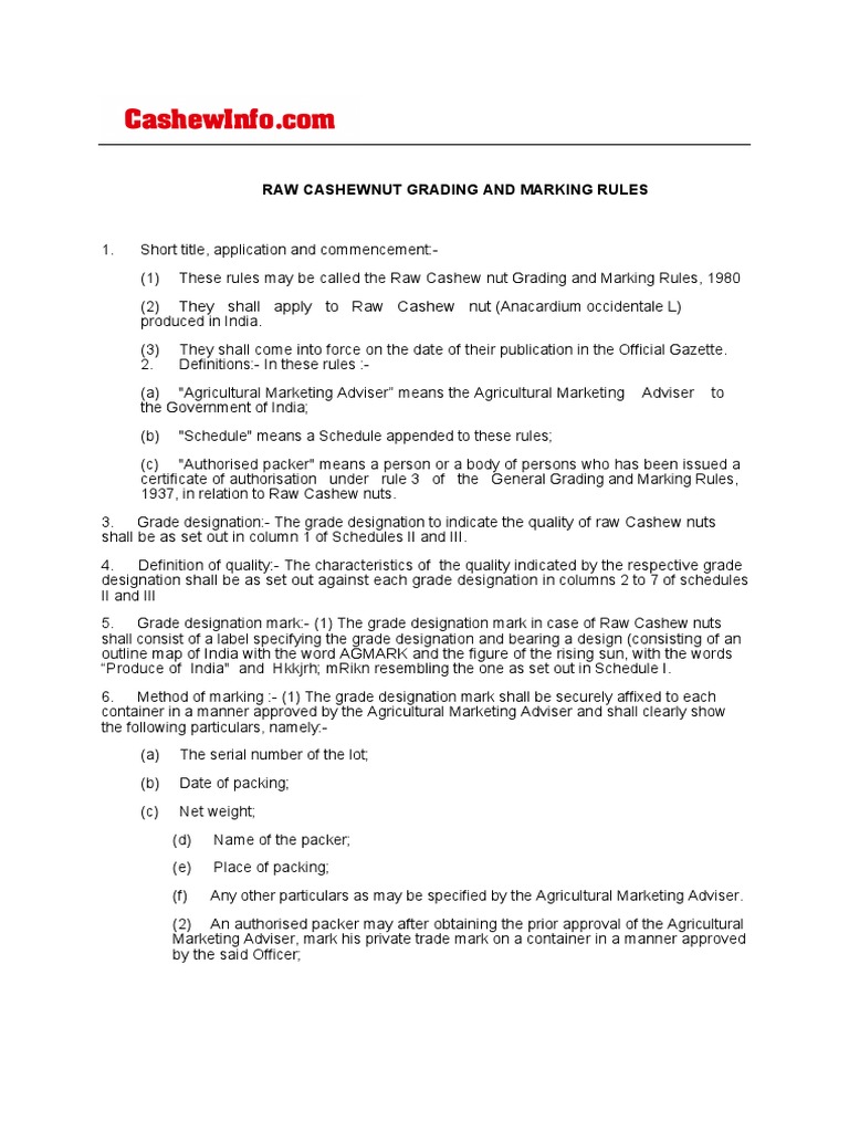 Raw Cashew Nut Grading Standards | PDF | Seed | Nature