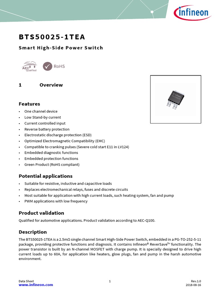 Infineon BTS50025 1TEA DS V01 - 00 EN DataSheet v01 - 00 EN PDF | PDF | Electronic Circuits | Mosfet