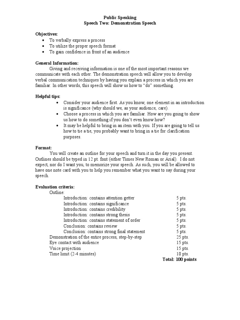 Public Speaking Speech Two: Demonstration Speech Objectives | PDF