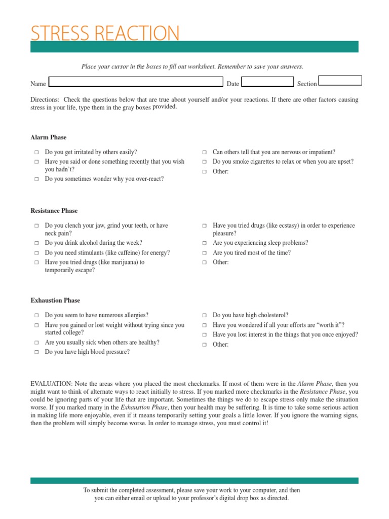 Stress Reaction: Place Your Cursor in The Boxes To Fill Out Worksheet ...