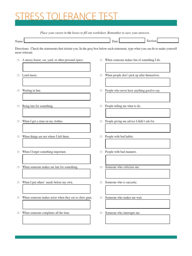 Stress Tolerance Test: Place Your Cursor in The Boxes To Fill Out ...