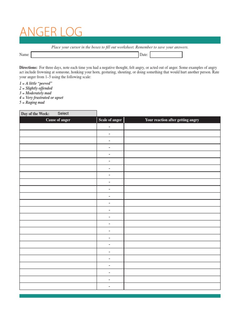 Anger Log: Place Your Cursor in The Boxes To Fill Out Worksheet ...