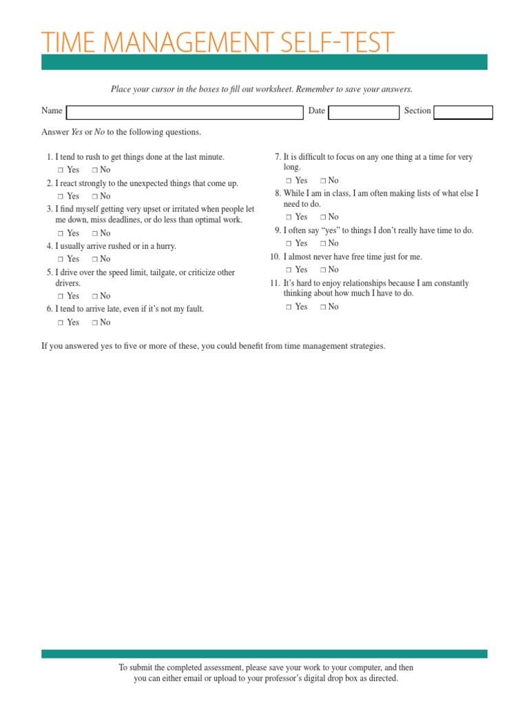 Time Management Self-Test: Place Your Cursor in The Boxes To Fill Out ...