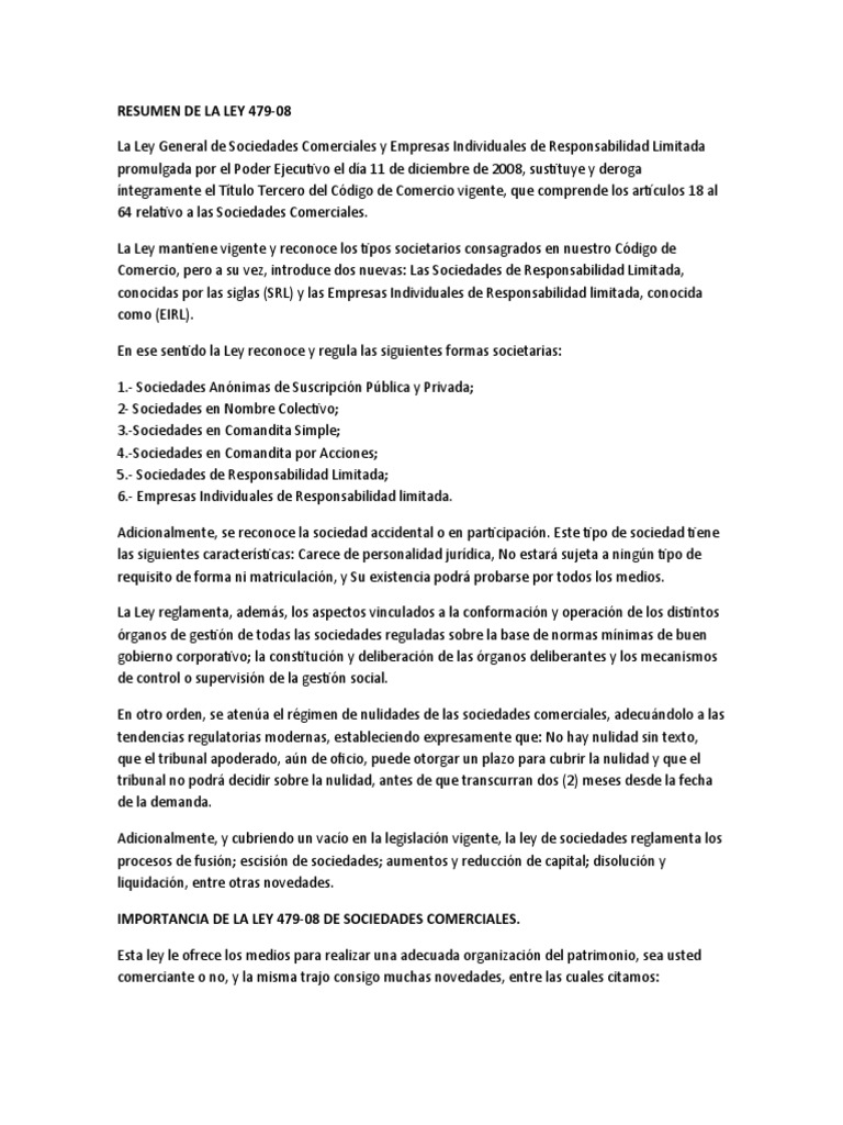 Ley 479-08: Sociedades Comerciales | PDF | Sociedad de responsabilidad ...