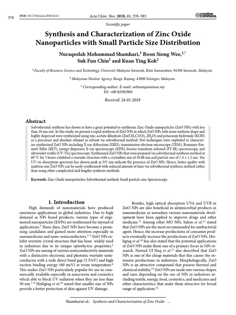Synthesis and Characterization of Zinc Oxide Nanoparticles With Small Particle Size Distribution ...
