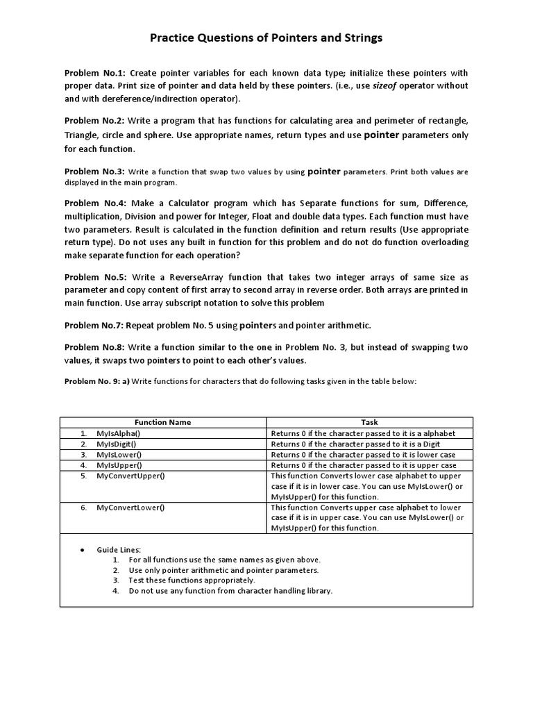 Practice Questions of Pointers and Strings: Pointer | PDF | Pointer (Computer Programming ...
