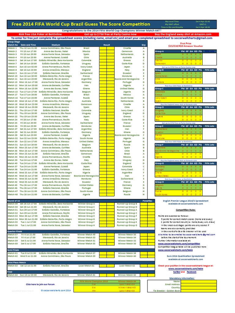 Soccer 2014 FIFA World Cup Brazil Excel Wall Chart | PDF | Rio De ...