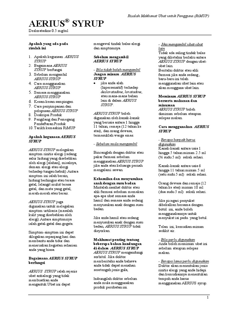 Aerius Syrup Malay Version | PDF