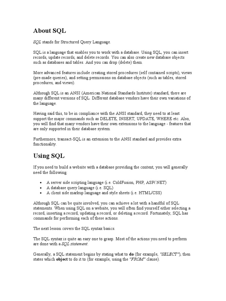 About SQL: SQL Stands For Structured Query Language | PDF | Database ...