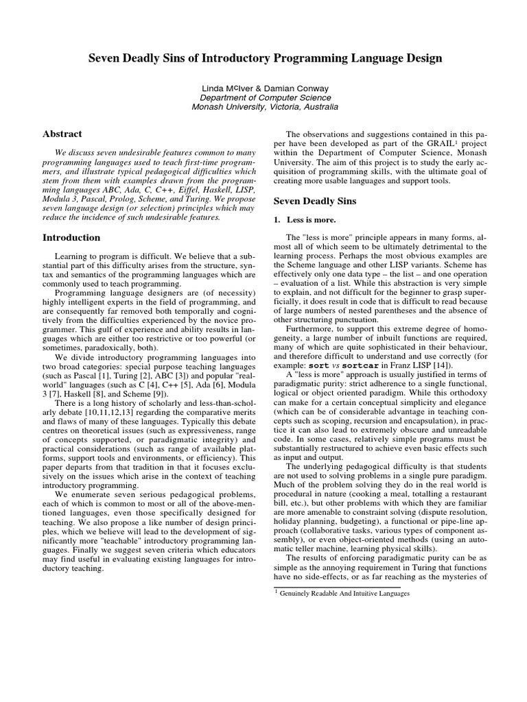 Seven Deadly Sins of Introductory Programming Language Design | PDF ...