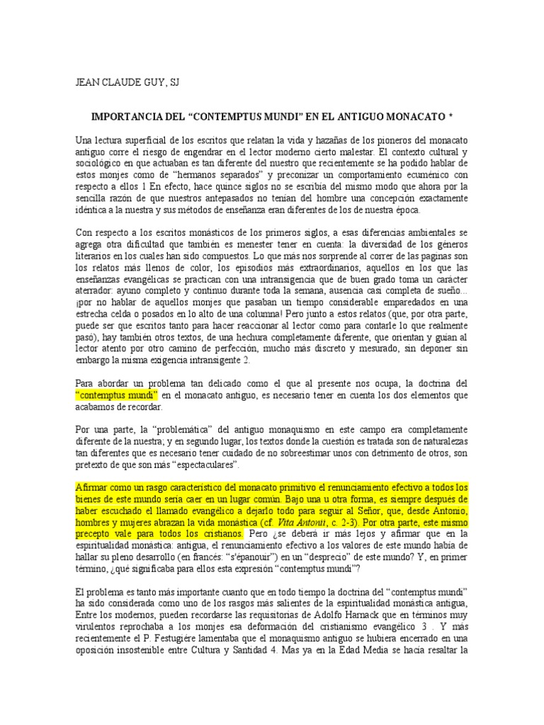 Importancia Del Contemptus Mundi en El Antiguo Monacato - J. Guy | PDF ...
