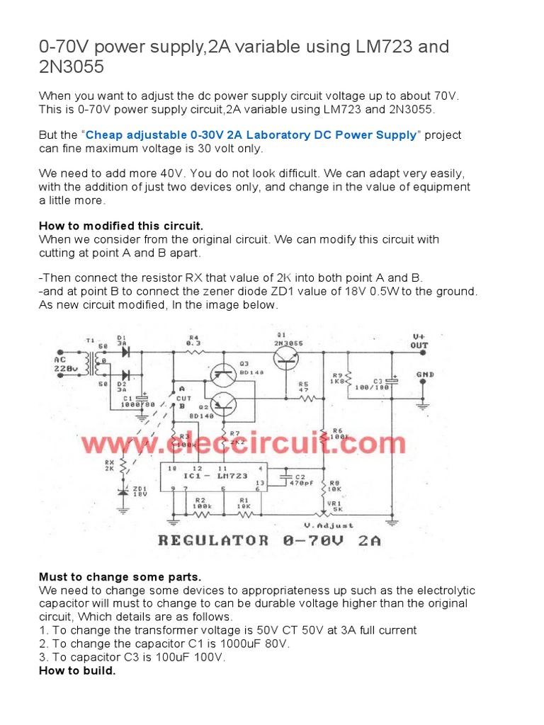 0-70V Power Supply, 2A Variable Using LM723 and 2N3055 | PDF