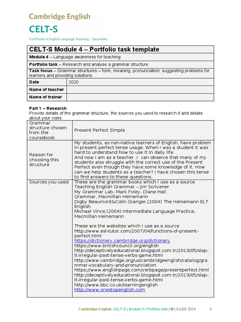 CELT-S Module 4 - Portfolio Task Template: Cambridge English | PDF | Verb | Grammatical Tense