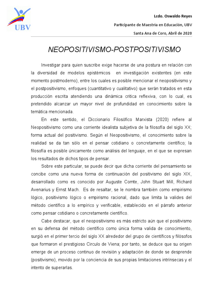 Ensayo Neopositivismo Postpositivismo. Oswaldo Reyes | PDF ...