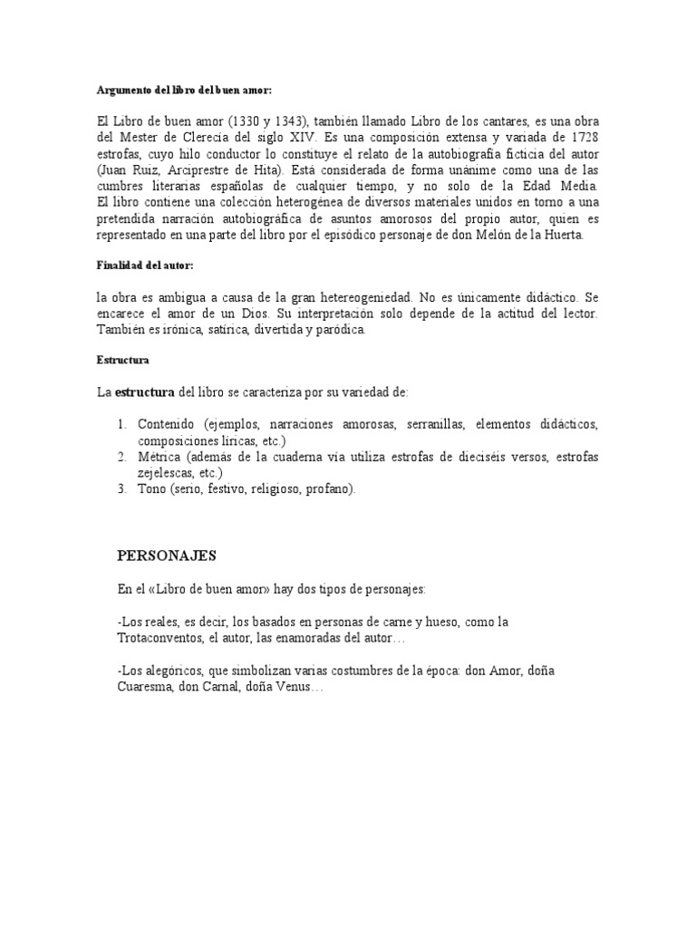 Argumento Del Libro Del Buen Amor | PDF
