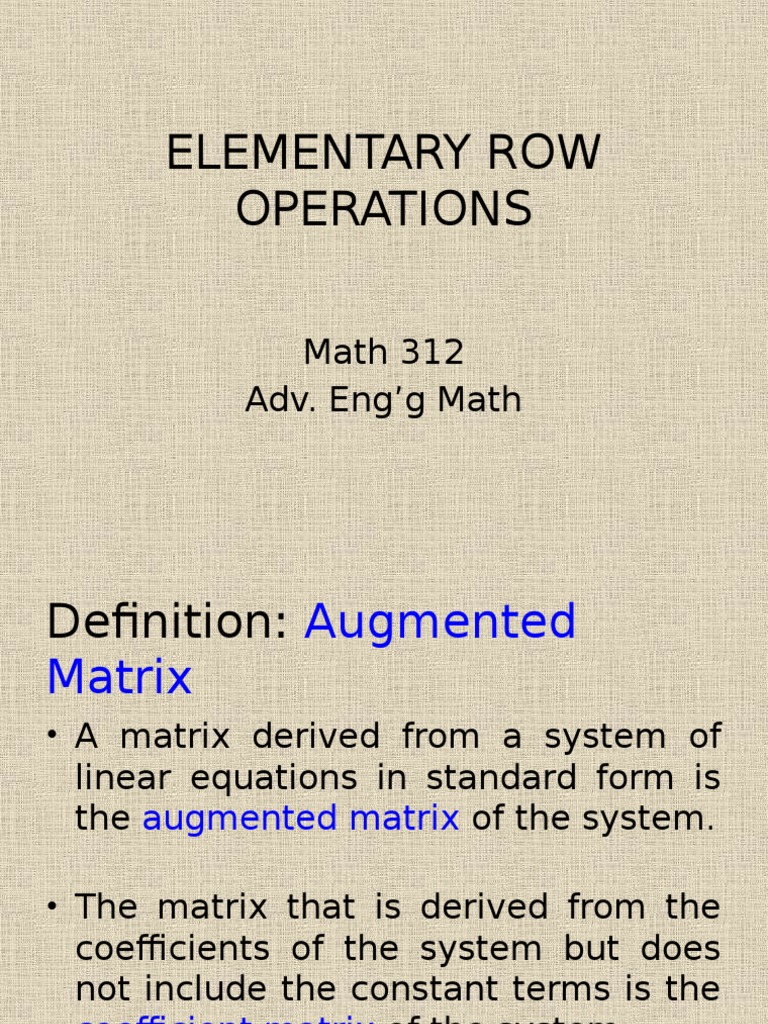 Elementary Row Operations: Math 312 Adv. Eng'g Math | PDF | System Of ...