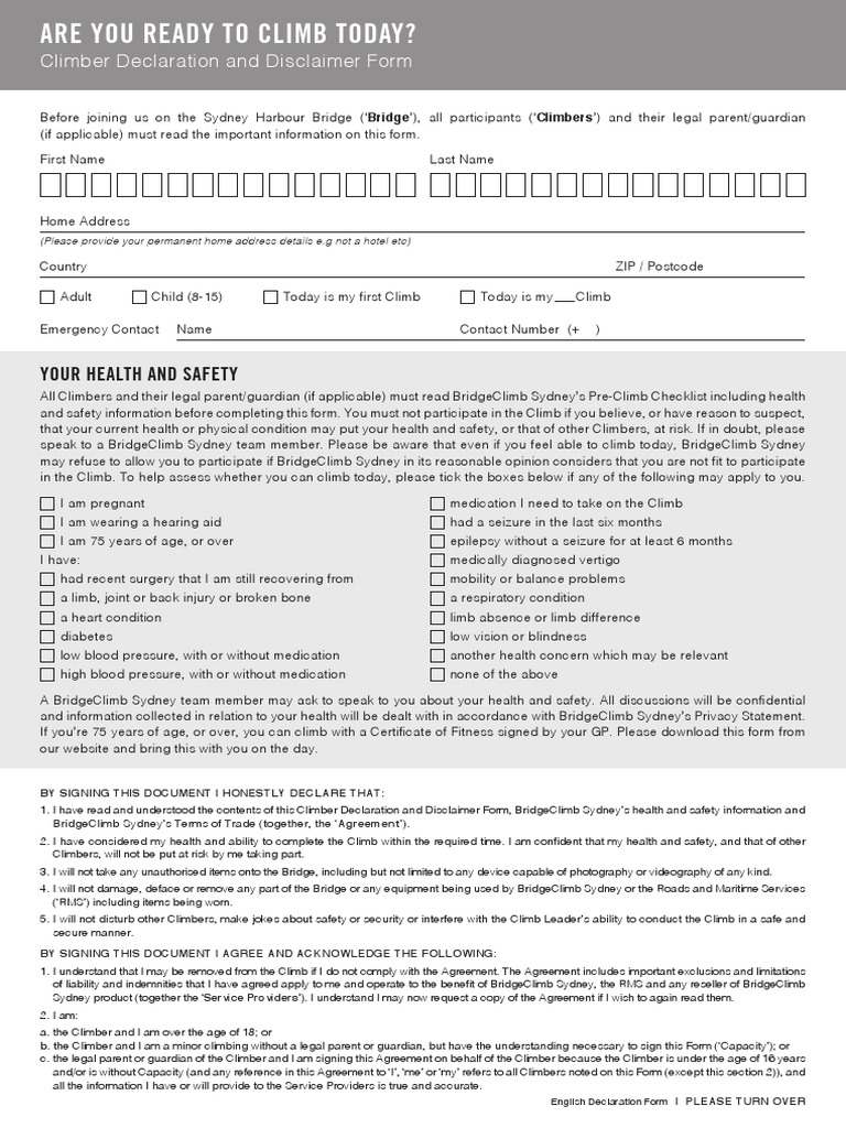 Your Health and Safety: Climber Declaration and Disclaimer Form ...
