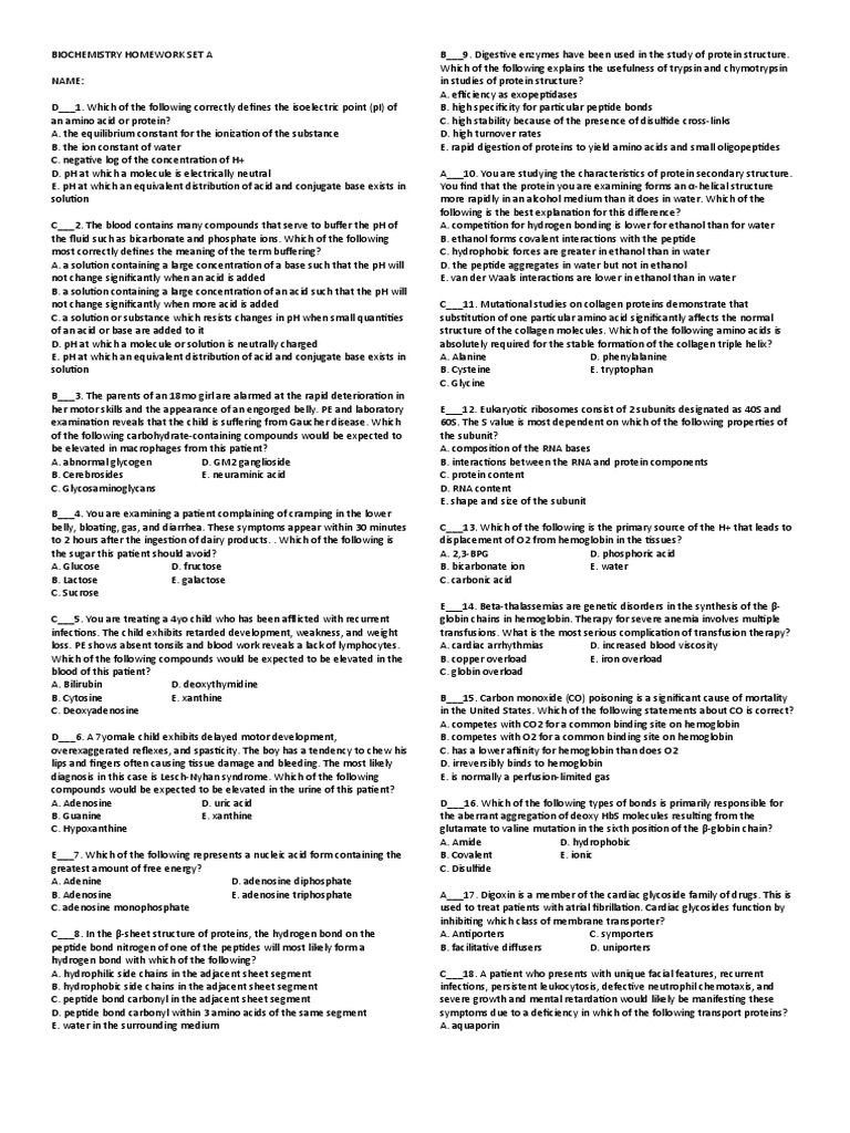 BIOCHEMISTRY HOMEWORK SET A-Answers | PDF | Proteins | Buffer Solution