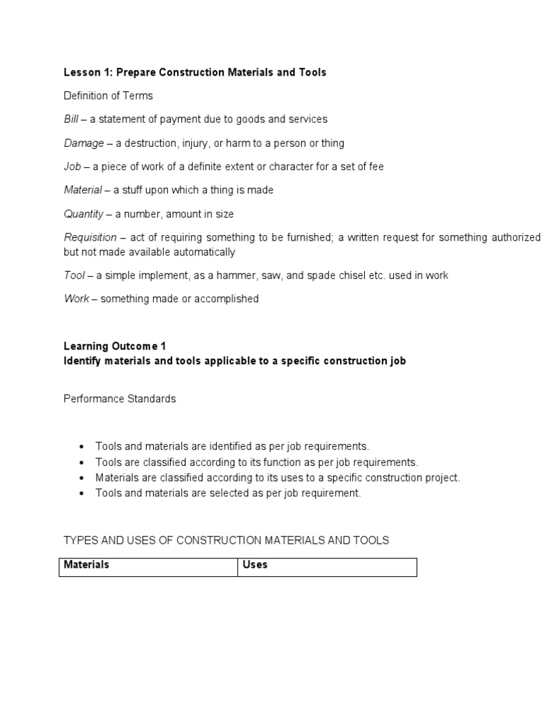 Lesson 1: Prepare Construction Materials and Tools | PDF | Personal ...