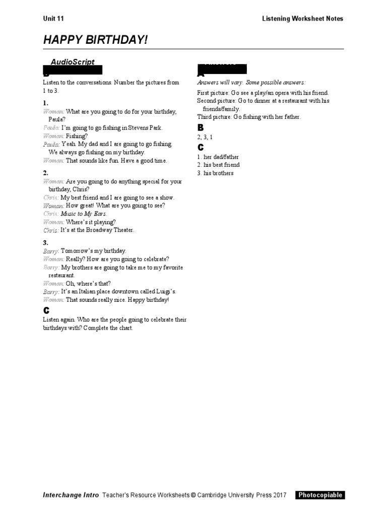 Interchange5thEd IntroLevel Unit11 Listening Worksheet | PDF