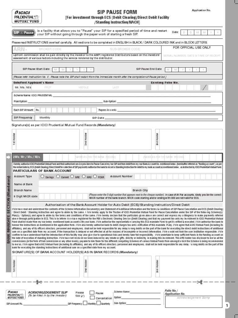 Sip Pause Form: (For Investment Through ECS (Debit Clearing) /direct ...