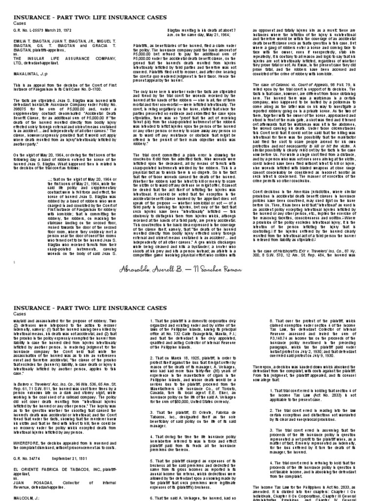 Insurance - Part Two: Life Insurance Cases | PDF | Life Insurance ...