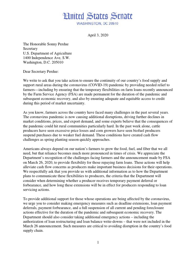 Farm Loans and Credit Covid19 Letter to USDA | Forbearance | Loans