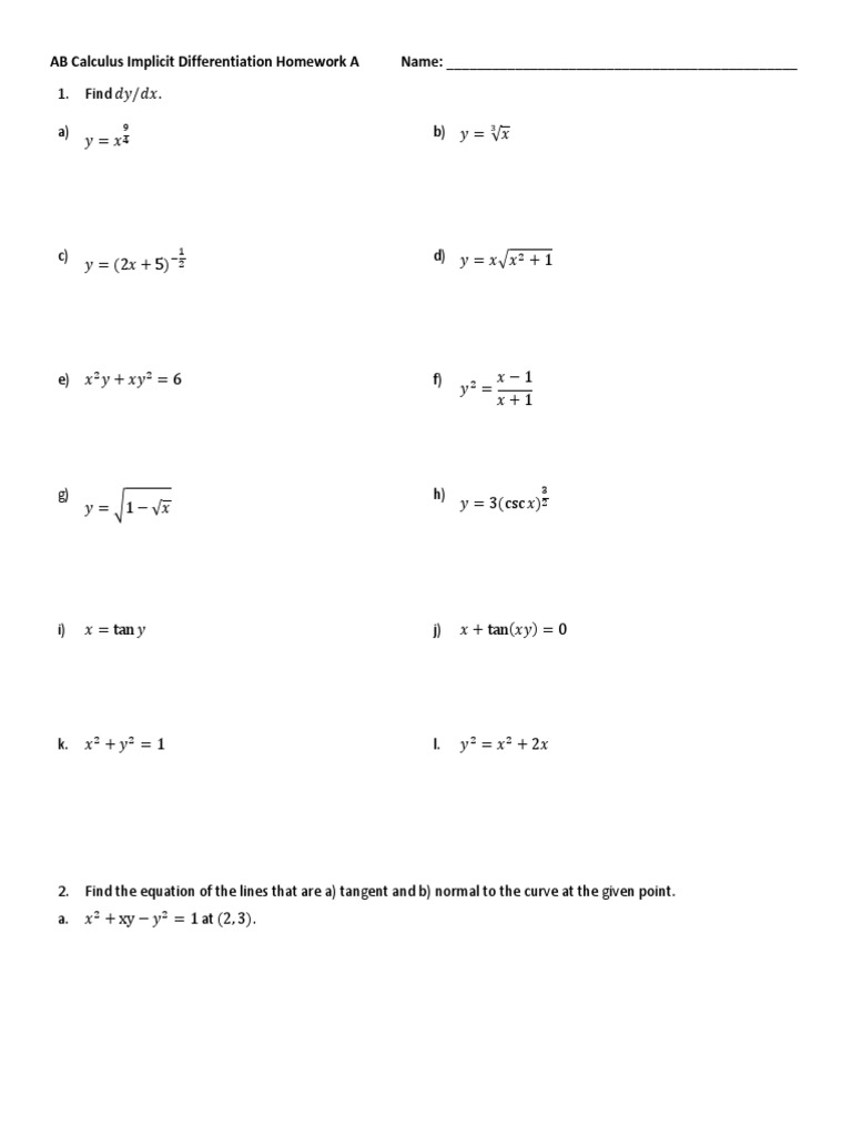 ABCALC Implicit Differentiation Homework A | PDF
