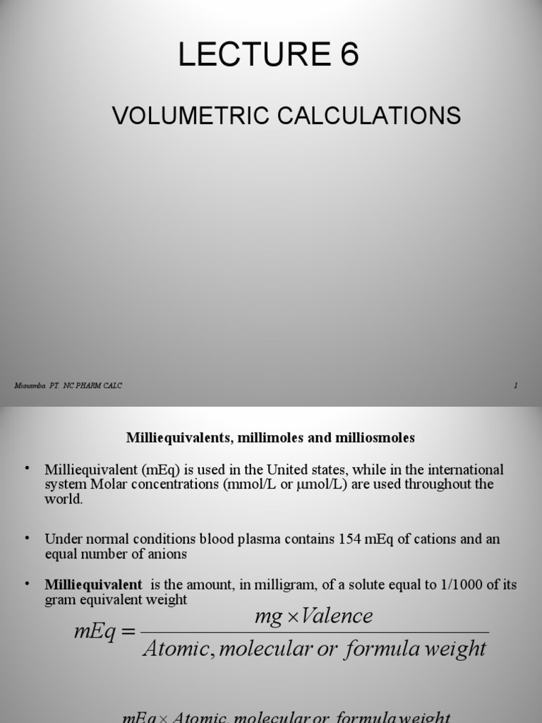 Volumetric Calculations: Munamba Pt. NC Pharm Calc 1 | PDF | Mole (Unit ...